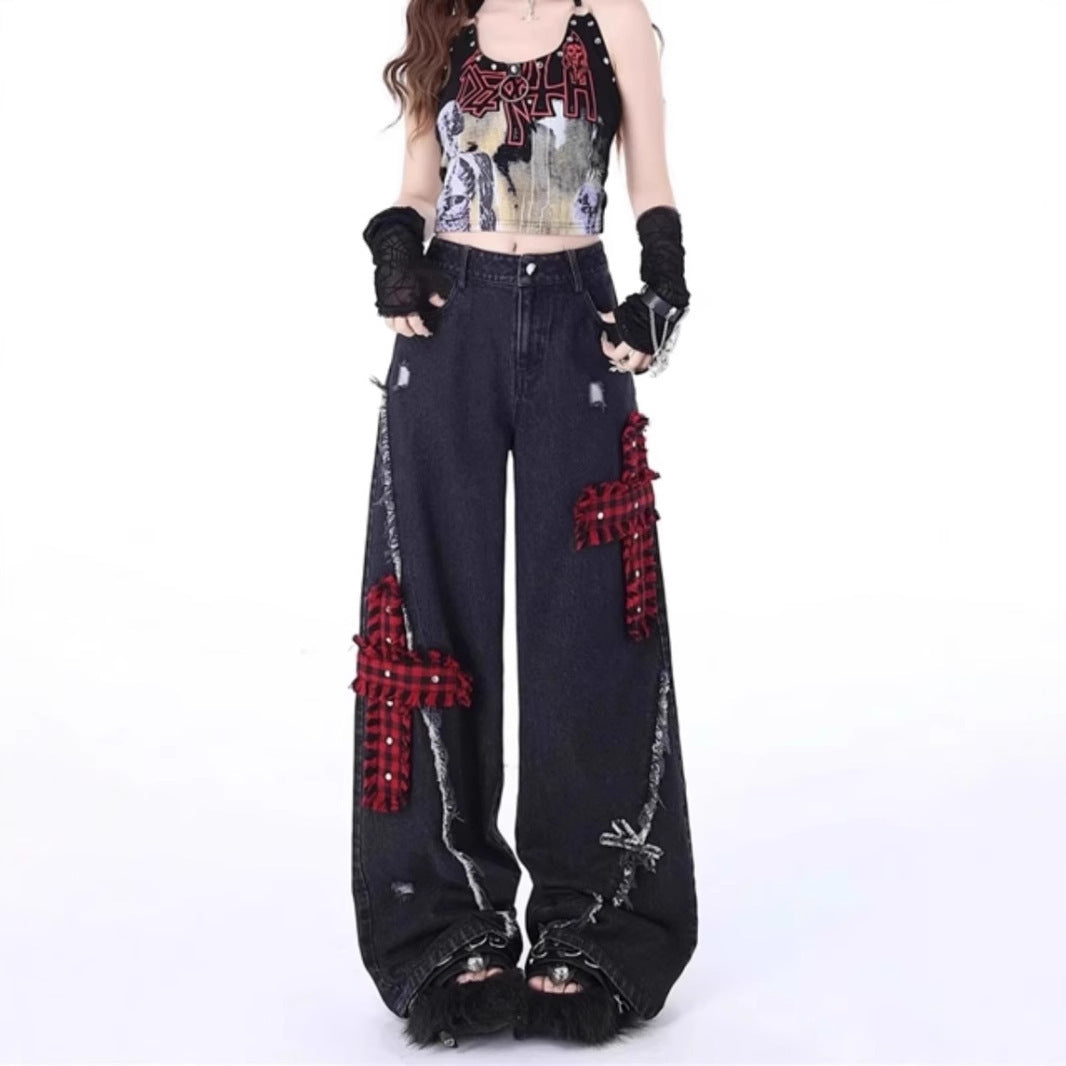 Retro Tattered Stitching Red Plaid Jeans – New evolution